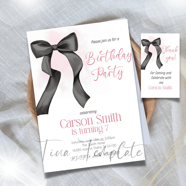 Black Bow Digital Birthday Invitation - Etsy