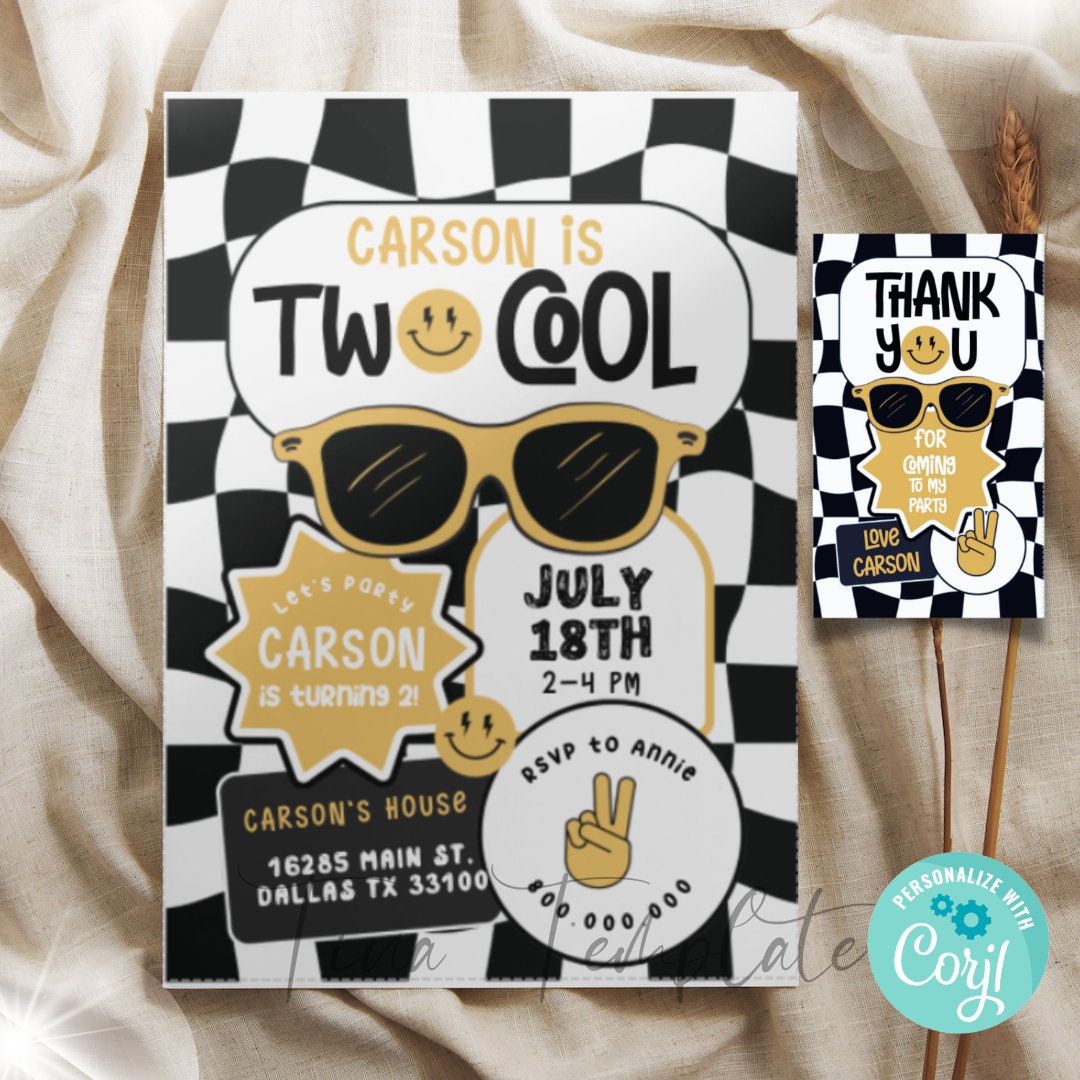 Editable and Printable Two Cool Birthday Invitation Template, Retro 2 ...