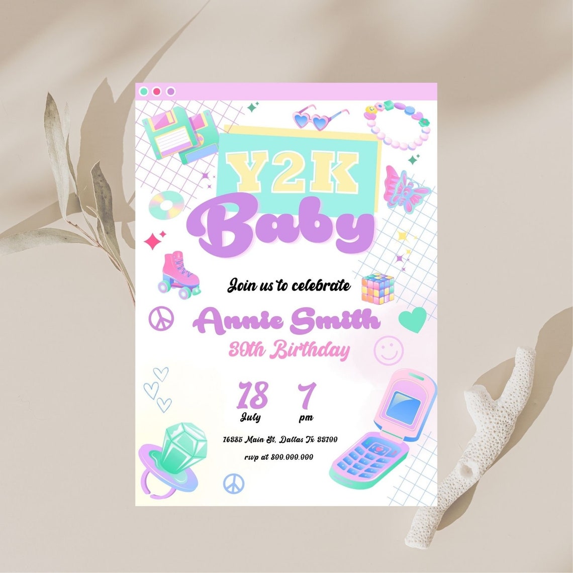 Editable Y2K Retro Theme Women Birthday Party Invitation Template, 90s ...
