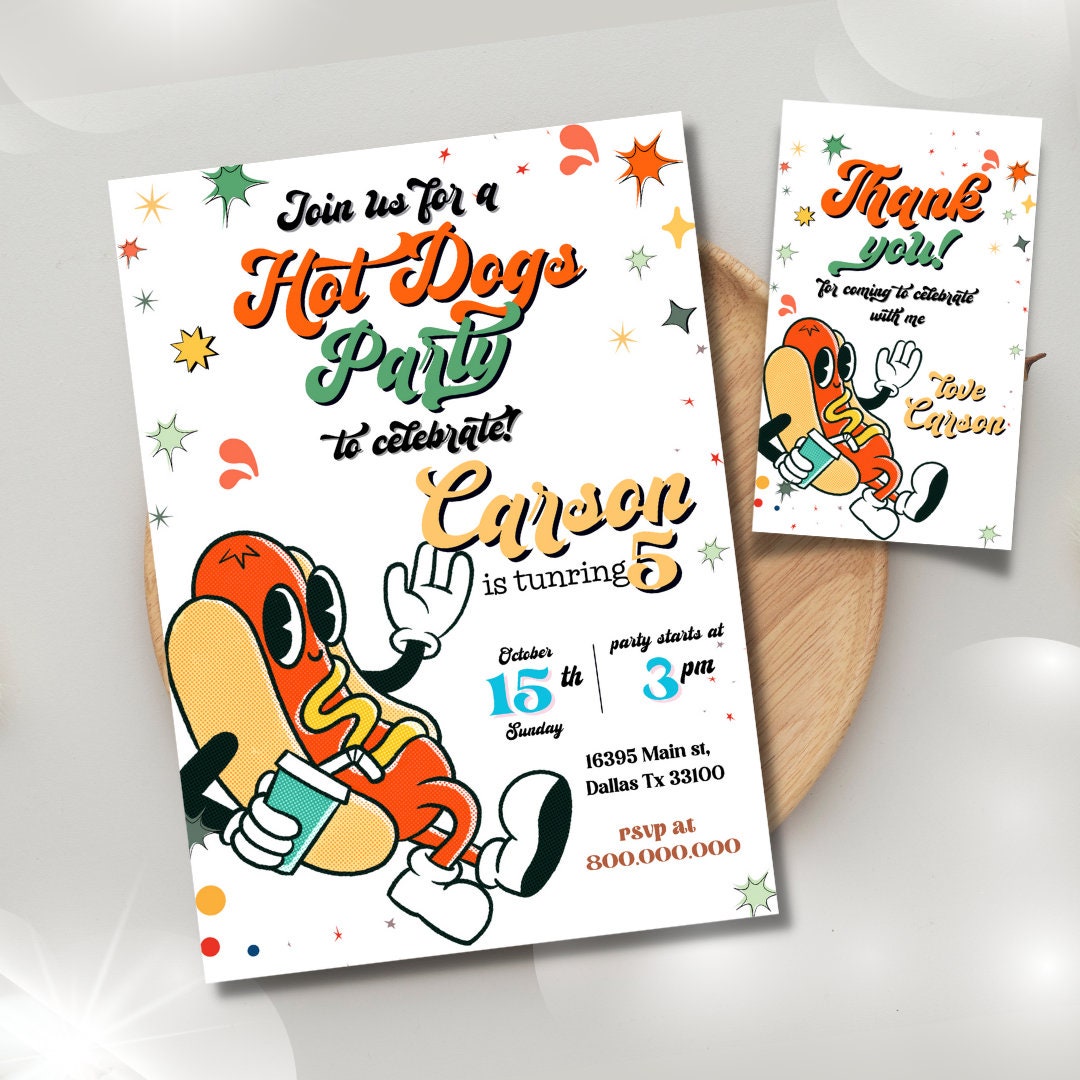 Editable and Printable Hot Dogs Party Invitation Template, Retro Hot ...