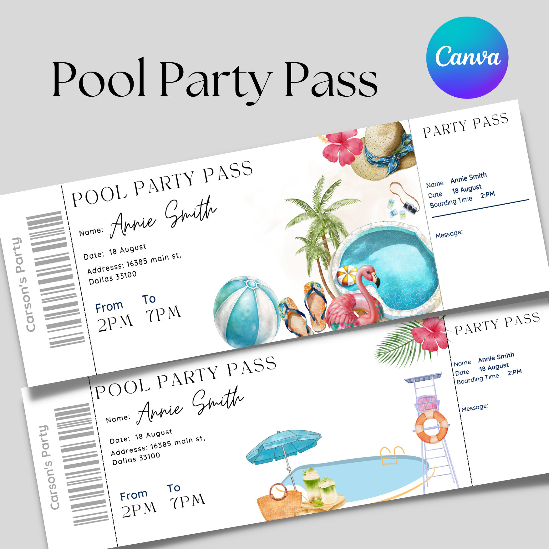 Printable and Editable Pool Party Pass Ticket, Summer Pool Party Ticket ...
