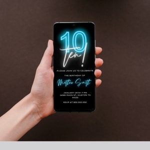 Editable 10th Neon Light Video Birthday Invitation Template, Blue Neon ...