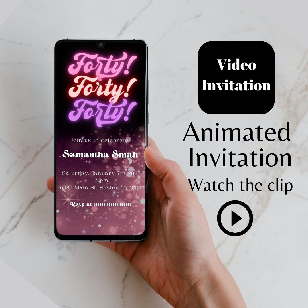Editable Neon Light Retro Forty Birthday Video Invitation Template ...