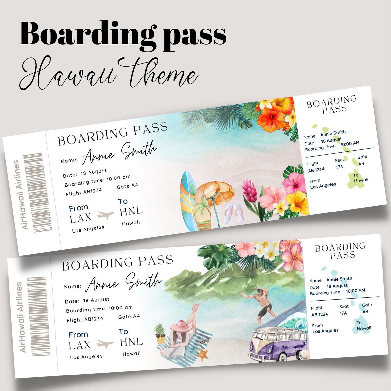 Printable and Editable Hawaii Surprise Boarding Pass Ticket, Trip ...