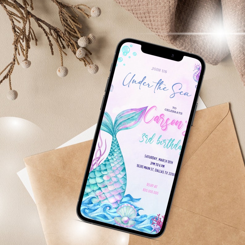 Editable Mermaid Phone Video Invitation Template, Mermaid Birthday ...