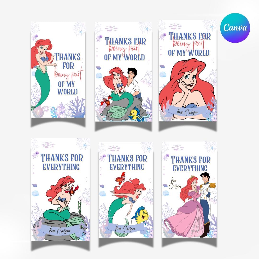 Editable and Printable Ariel Princess Thank You Tag Template, Little ...