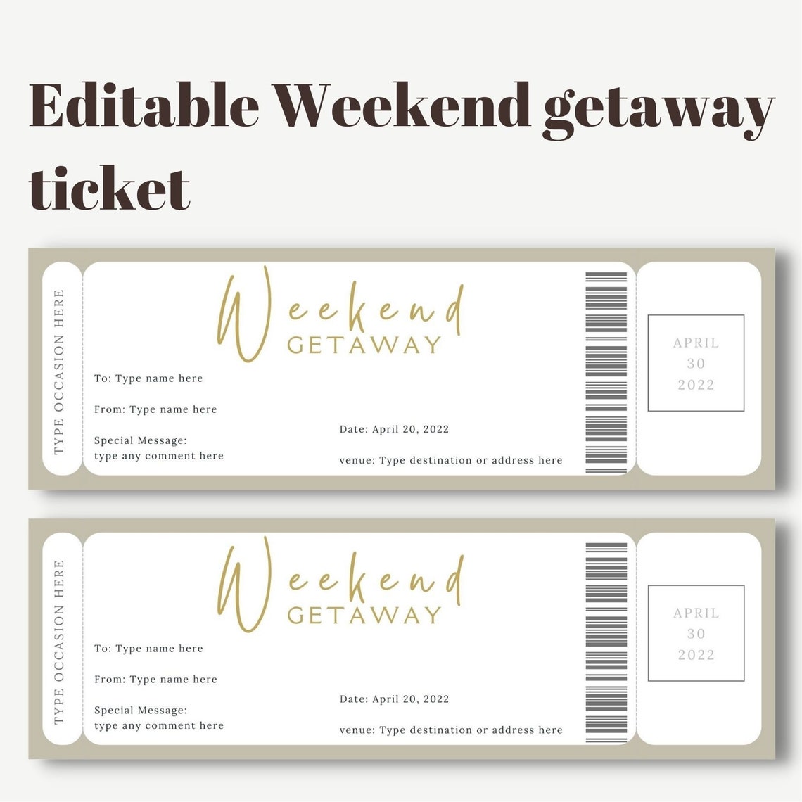 Editable and Printable Weekend Getaway Ticket Template, Modern Vacation ...