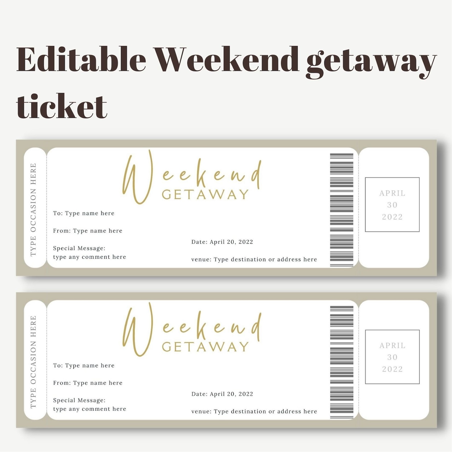 Editable and Printable Weekend Getaway Ticket Template Modern | Etsy