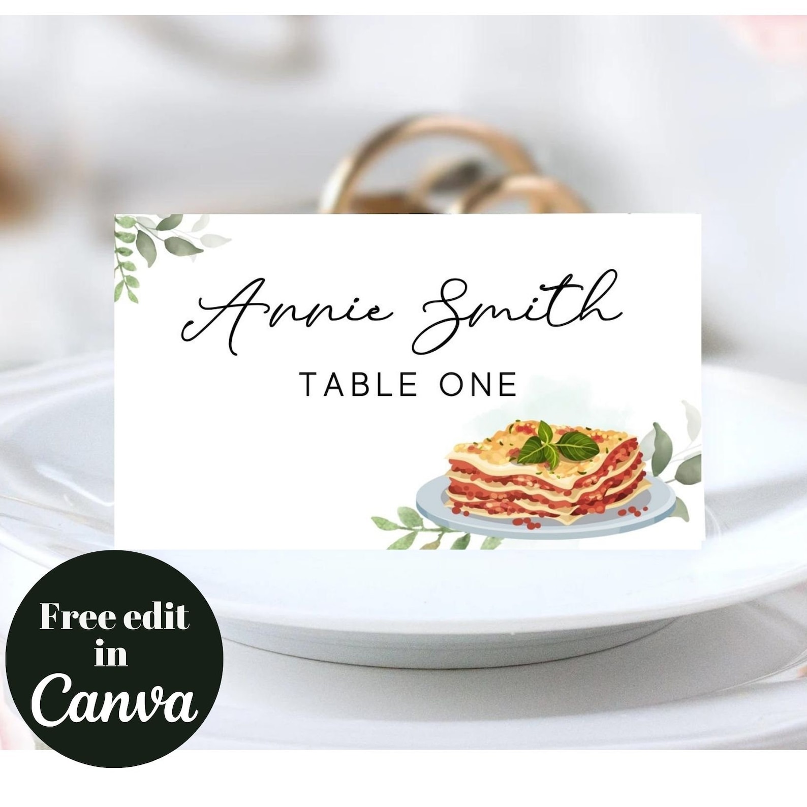 Editable Lasagna and Wine Seat Card, Table Seat Card Template, Greenery ...