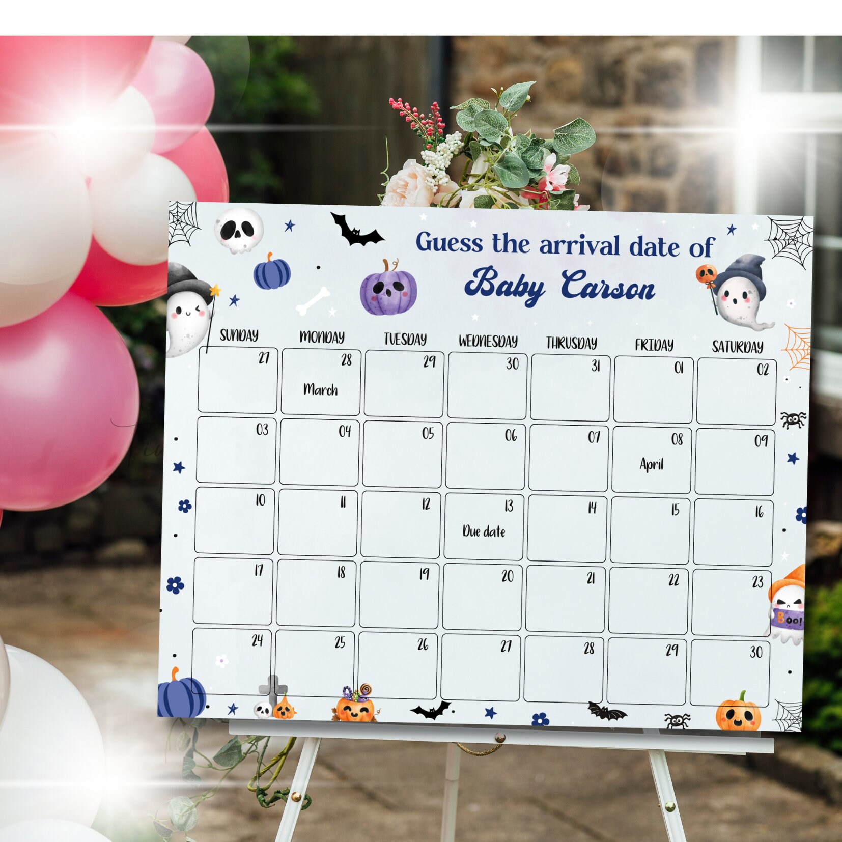 Editable Cute Blue Ghost Baby Shower Due Date Calendar, A Little Boo ...
