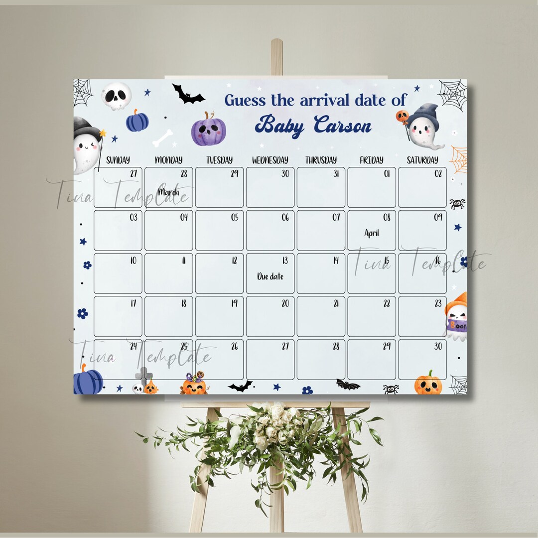 Editable Cute Blue Ghost Baby Shower Due Date Calendar, A Little Boo ...