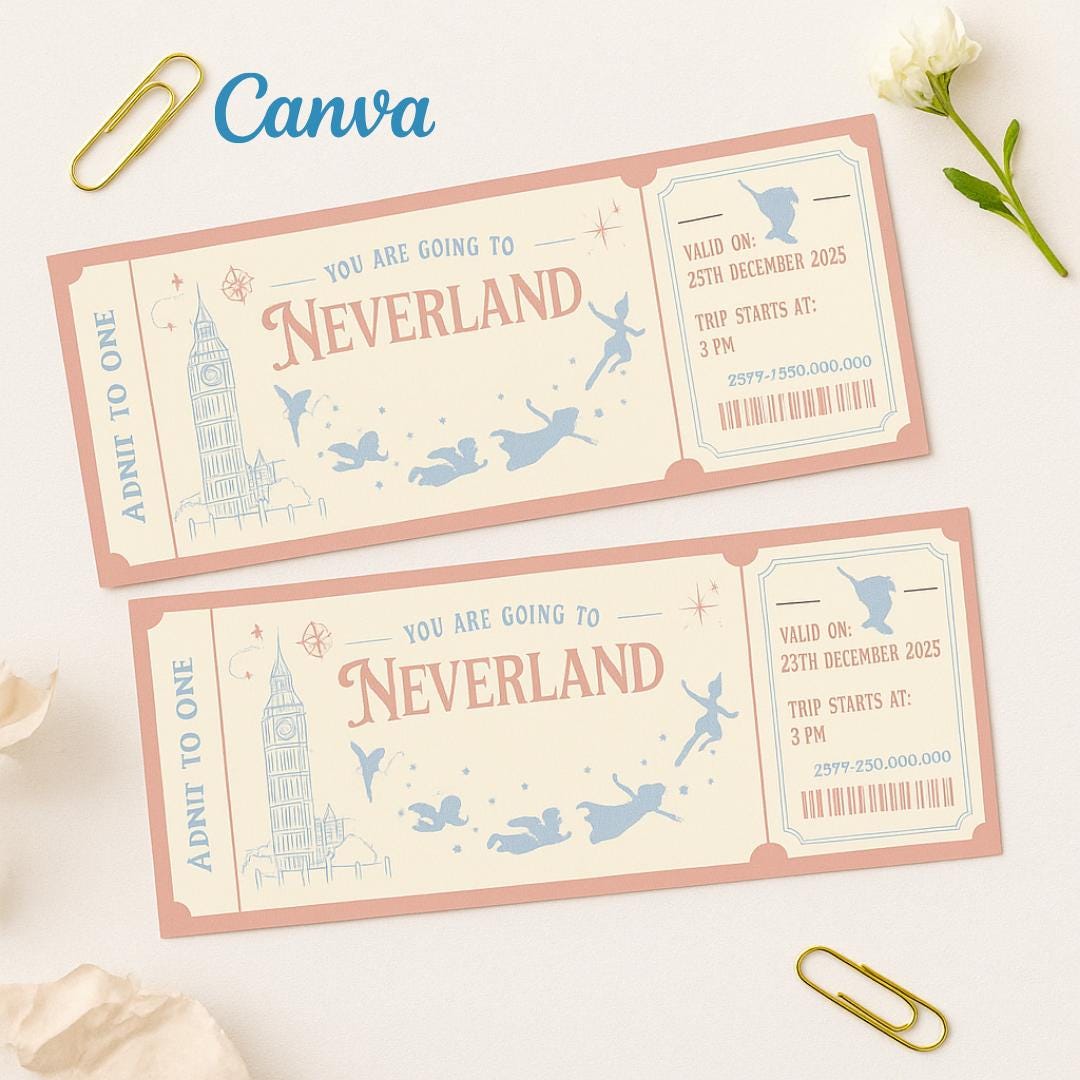 Editable Neverland Ticket Template, Neverland Themed Surprise Ticket ...