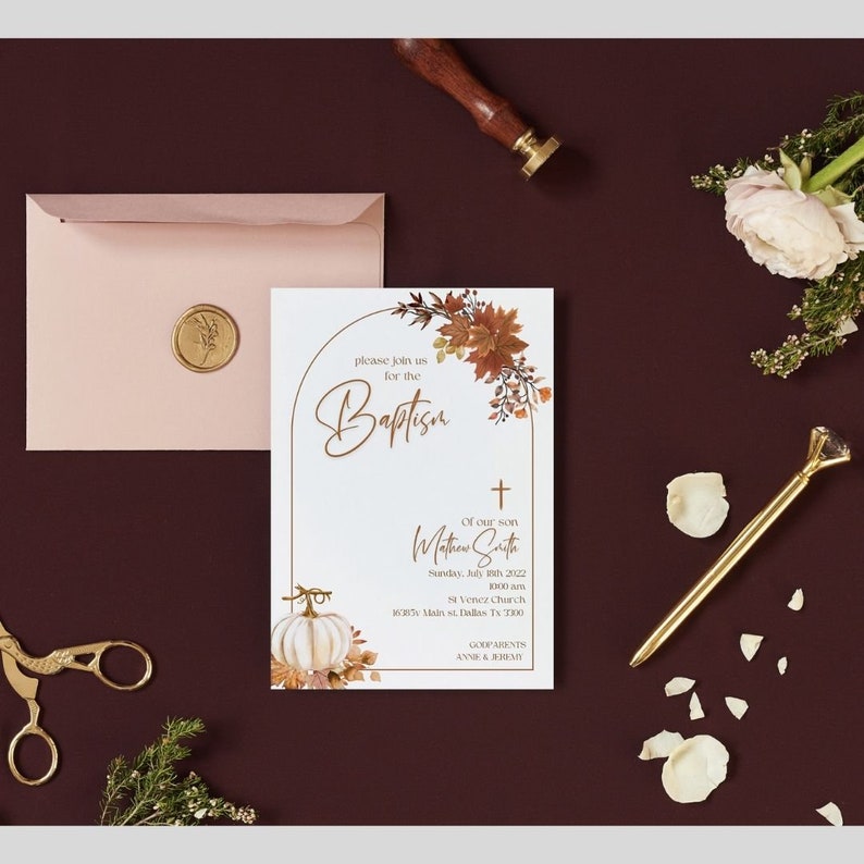 Editable and Printable Boho Fall Baptism Invitation Template, Pumpkin ...