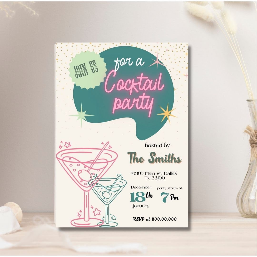 Editable and Printable Retro Cocktail Party Invitation, Vintage Adult ...