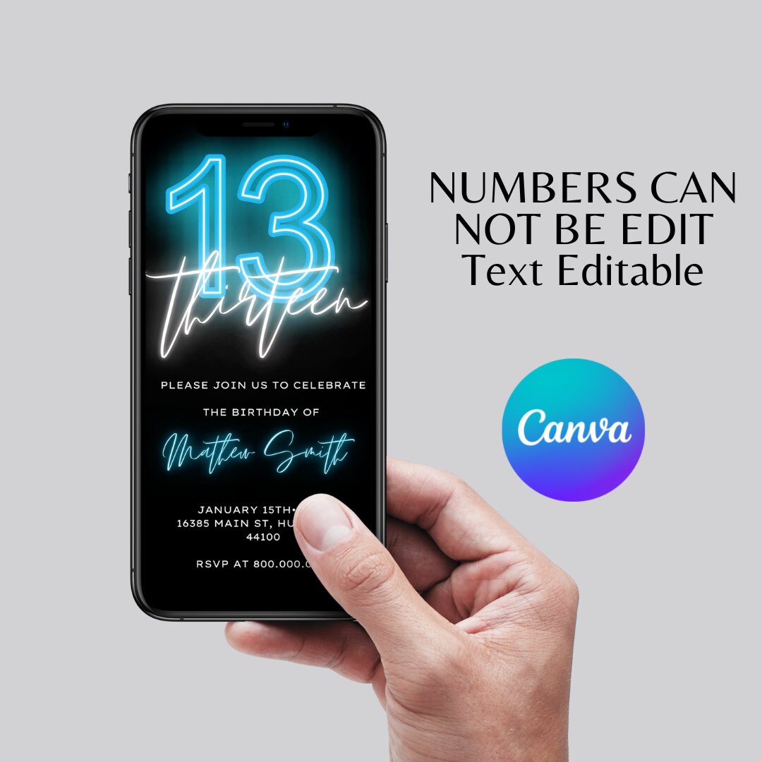 Editable 13th Neon Light Video Birthday Invitation Template, Blue Neon ...