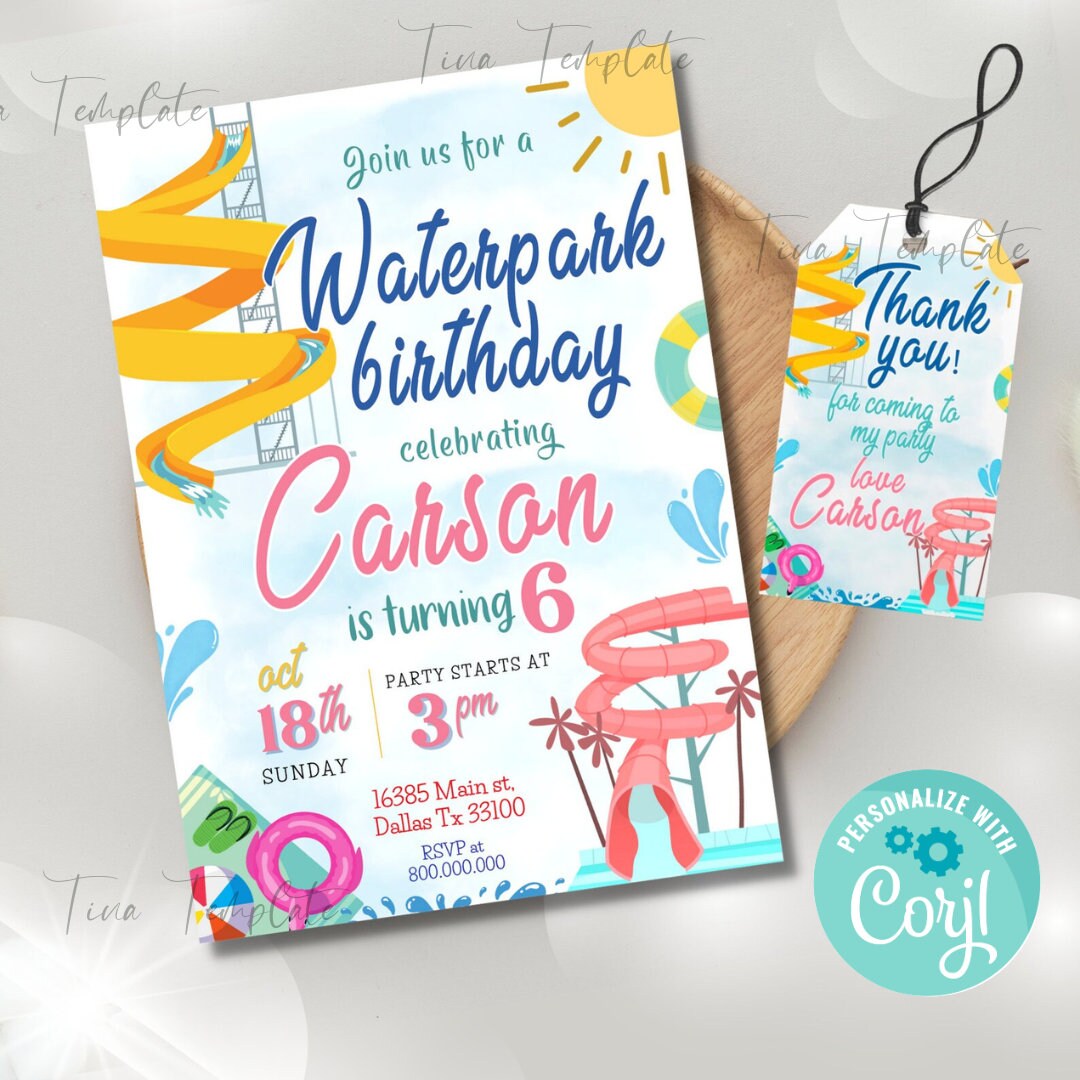 Editable and Printable Waterpark Party Invitation Template, Waterslide ...