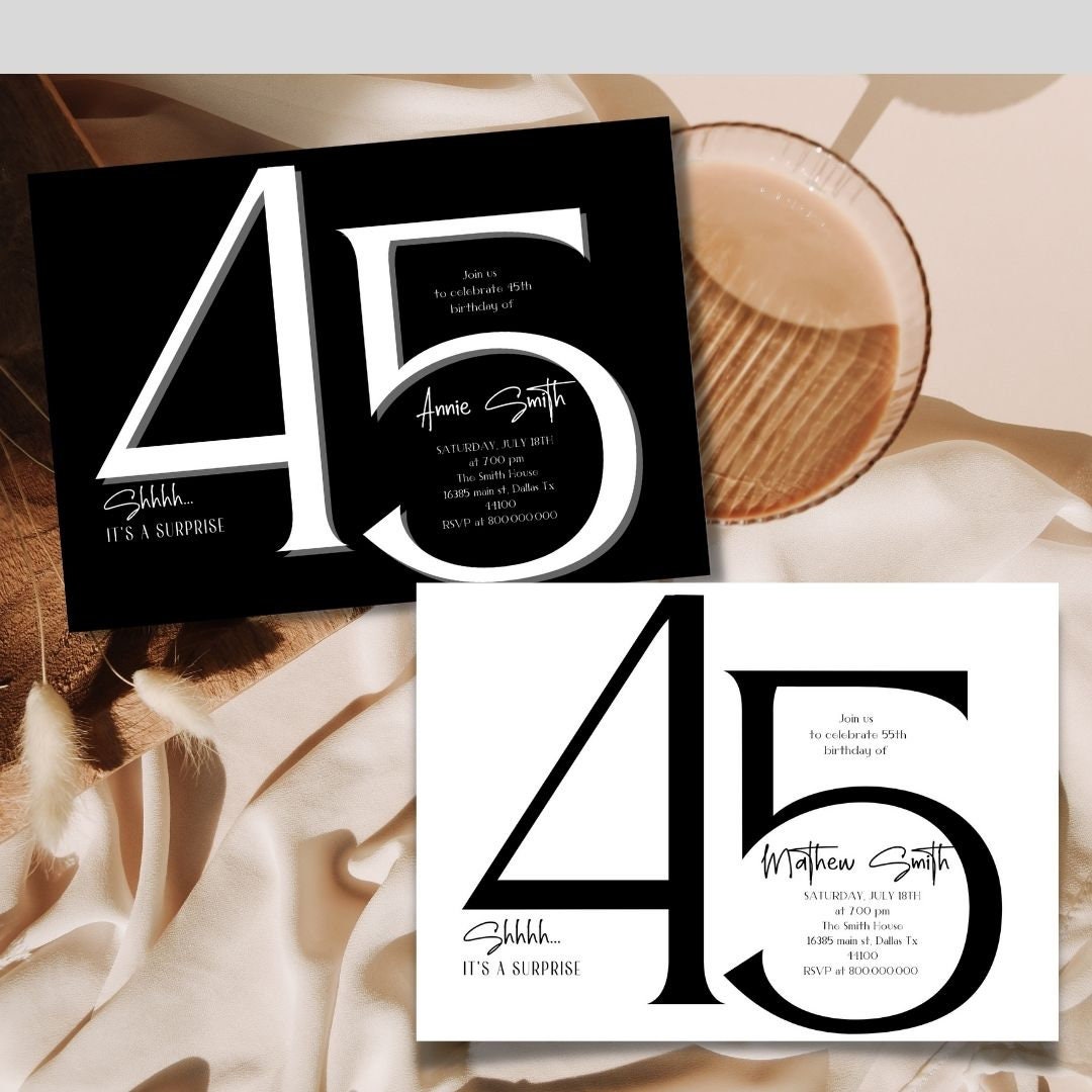 Editable and Printable 45th Elegant Birthday Invitation Template, Forty ...