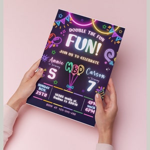 Editable Sibling Neon Lights Birthday Invitation, Joint Birthday ...