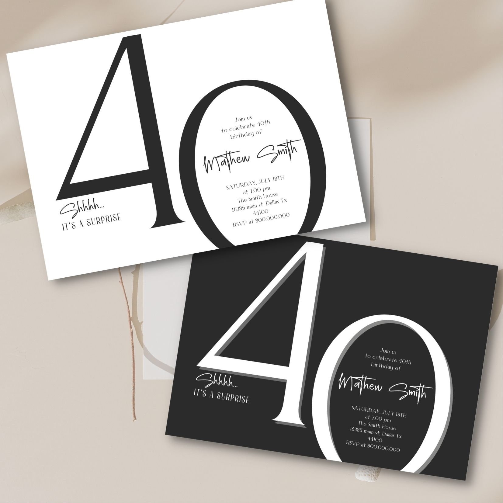 Editable and Printable 40th Elegant Birthday Invitation Template, Adult ...