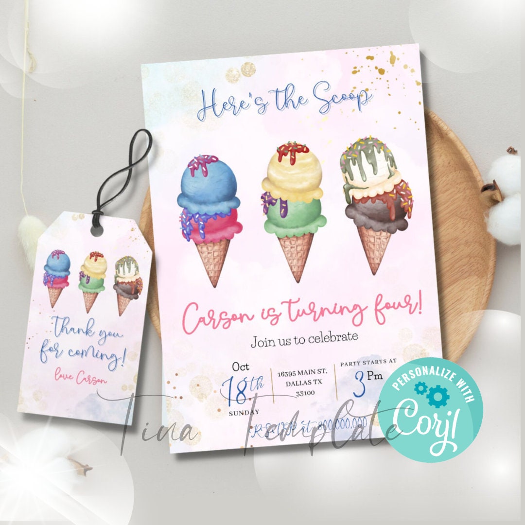 Editable and Printable Ice Cream Birthday Party Invitation Template ...