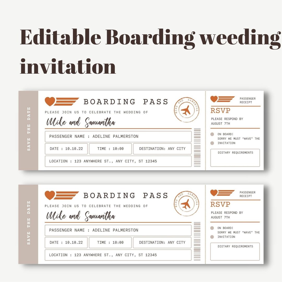 Editable Boarding Wedding Ticket Invitation Template, Airline Wedding ...