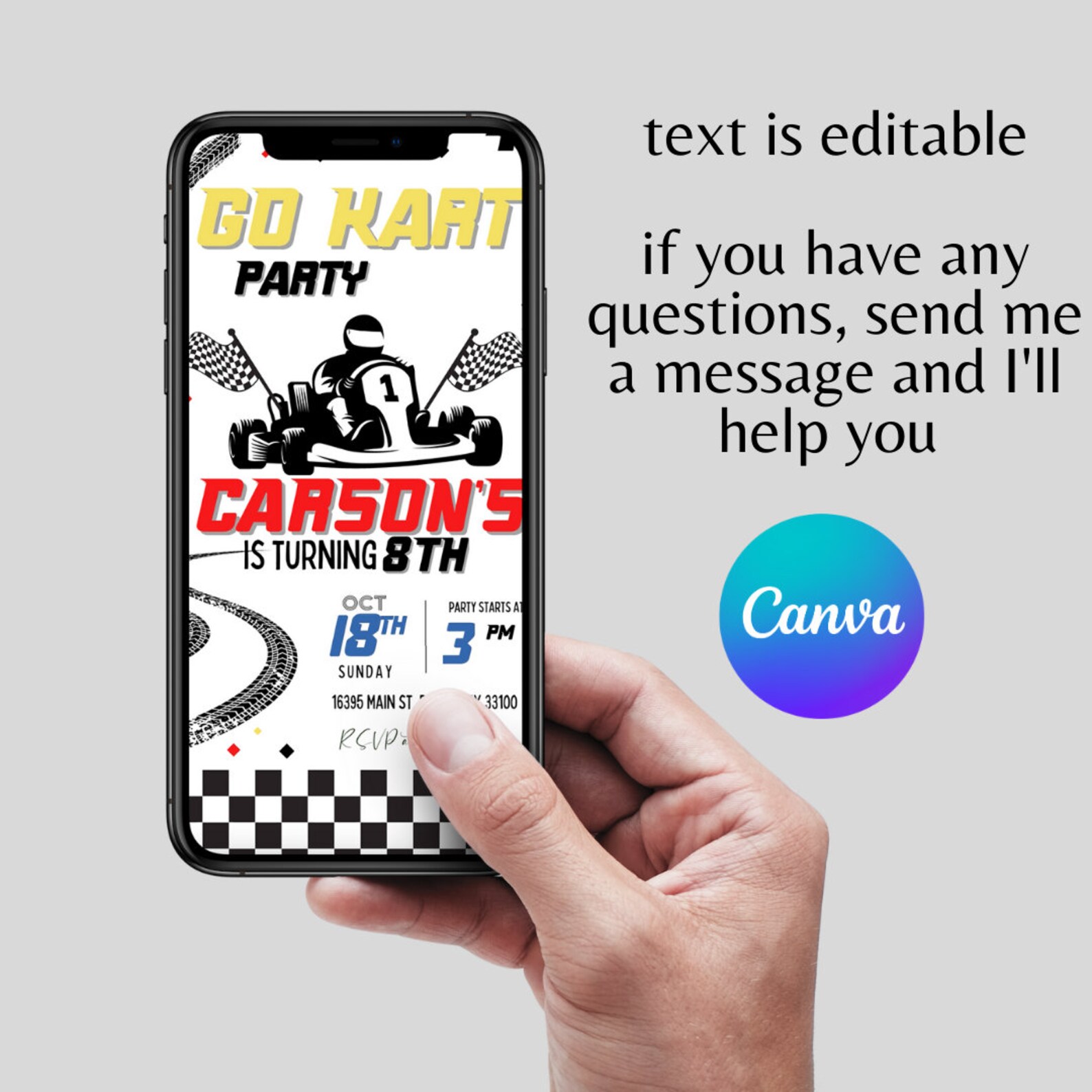 Editable and Printable Go-kart Party Video Invitation Template, Go ...