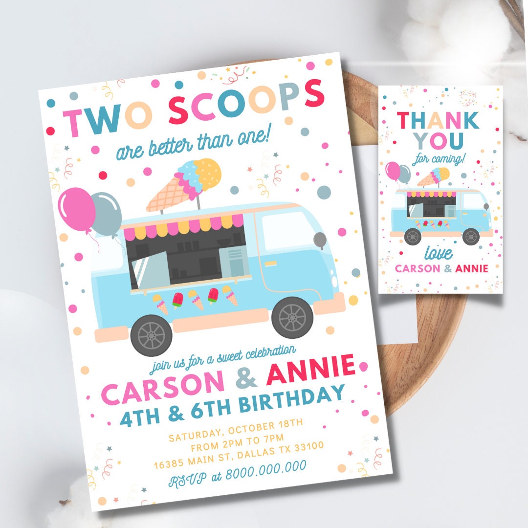 Editable And Printable Ice Cream Truck Twin Birthday Invitation