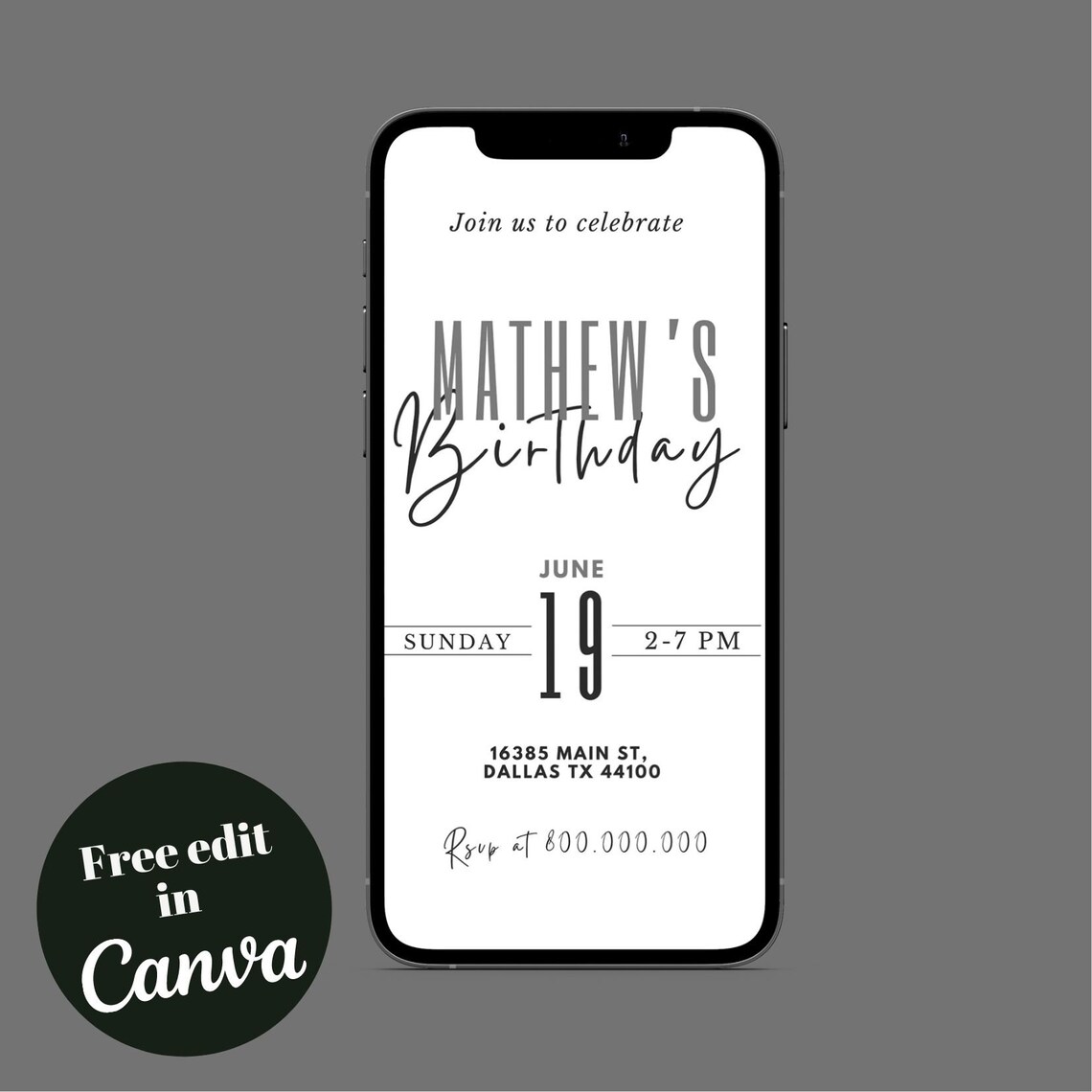 Mobile Elegant Men Birthday Invitation Template, Phone Minimalist Men ...