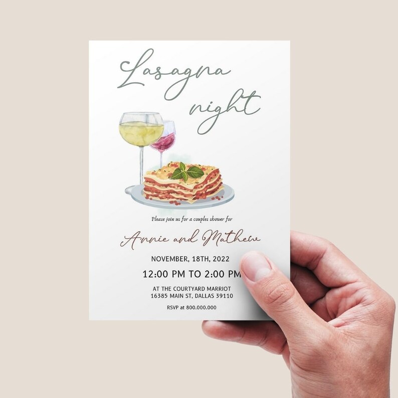 Printable Lasagna and Wine Night Minimalist Invitation Template ...