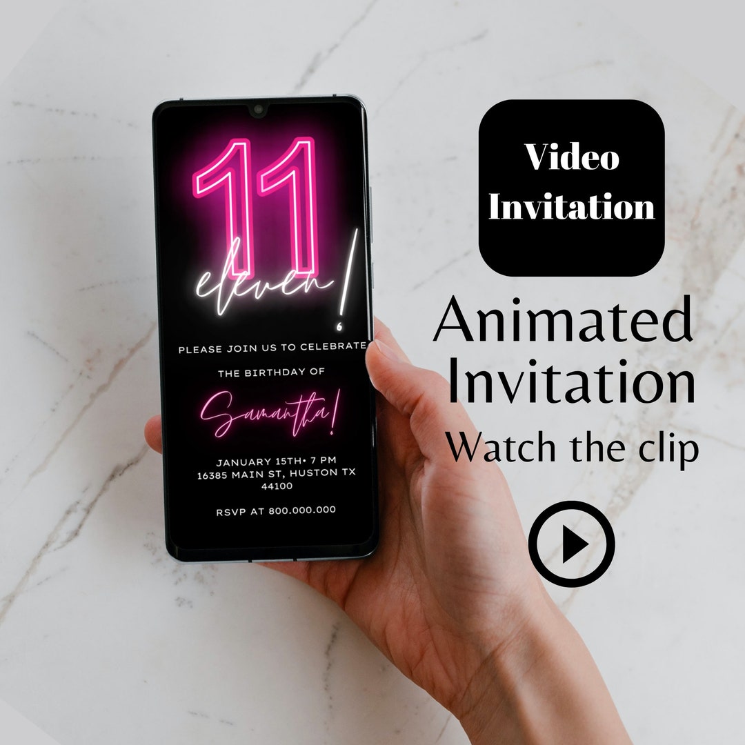 Editable 11th Neon Light Video Birthday Invitation Template, Pink Neon ...