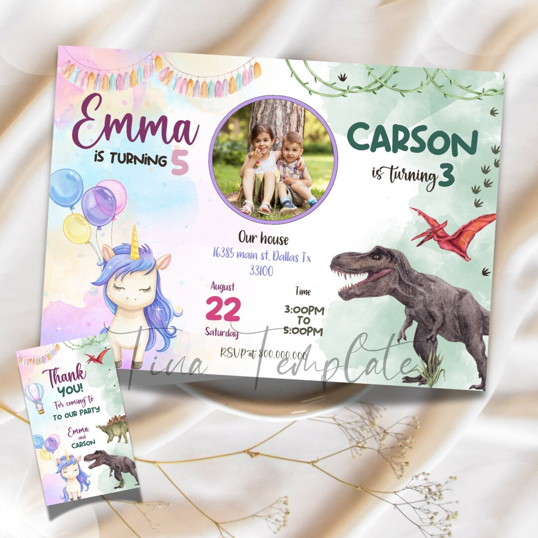 Editable Unicorn and Dinosaur Birthday Invitation With Photo Template ...