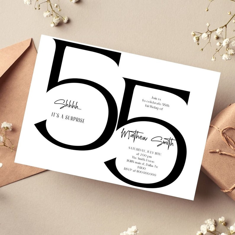 Editable and Printable 55th Elegant Birthday Invitation Template, Fifty ...