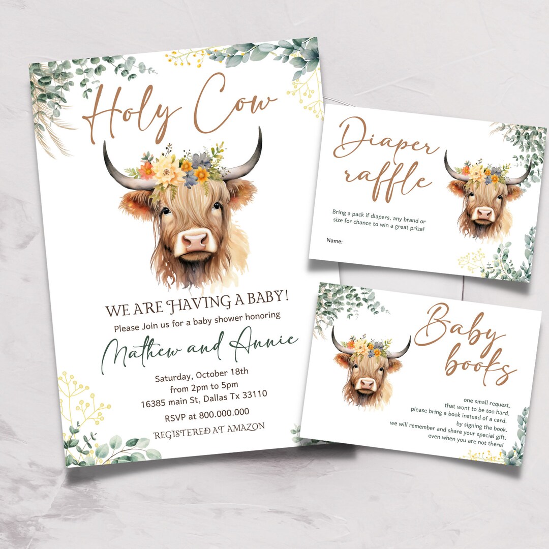 Editable and Printable Holy Cow Baby Shower Bundle Invitation, Gender ...