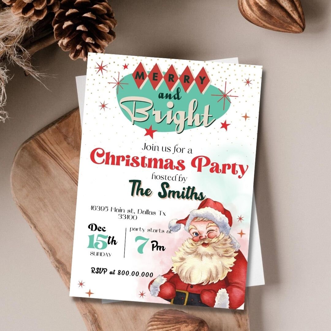 Editable and Printable Merry and Bright Retro Santa Party Invitation Template, Vintage Style ...