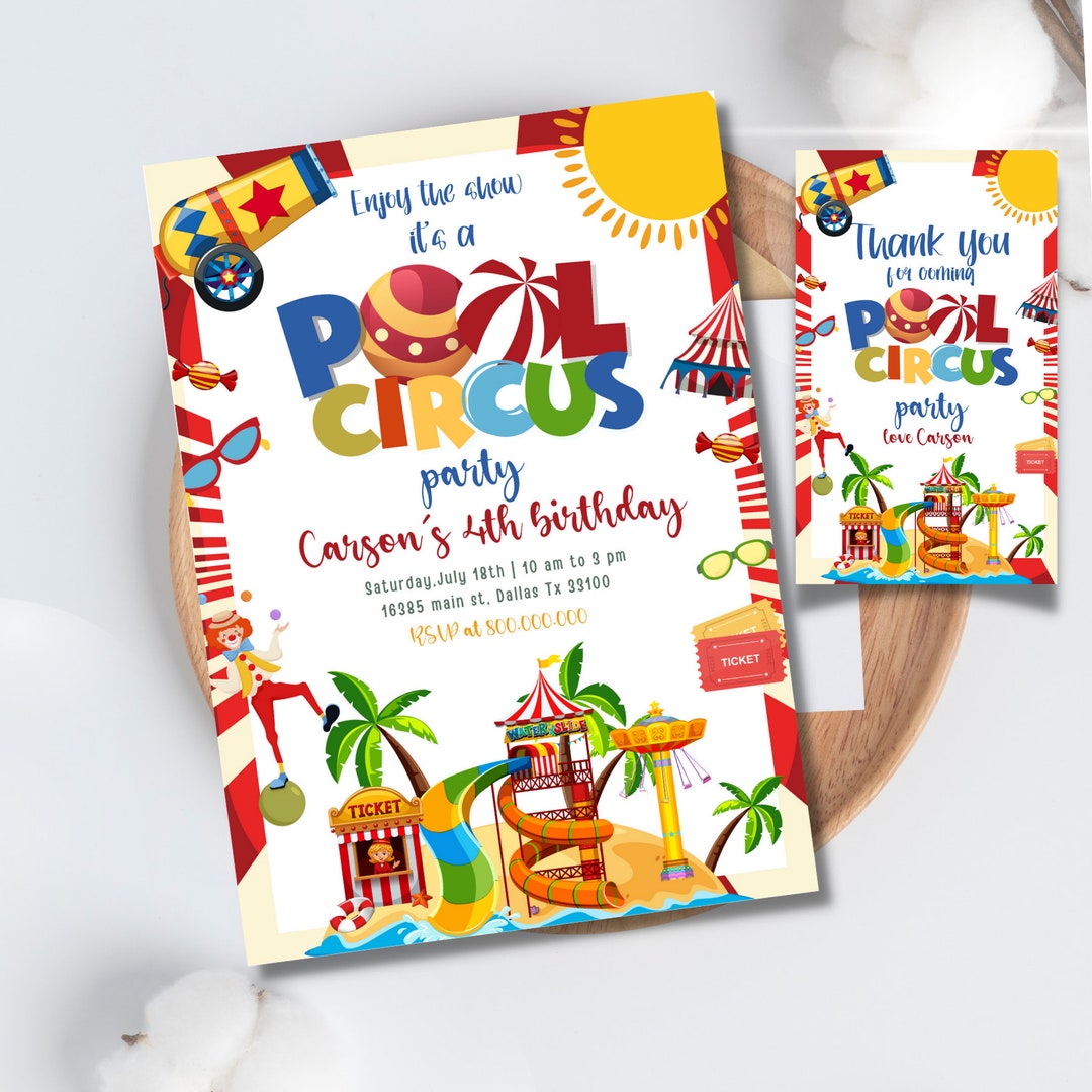 Editable and Printable Circus Pool Party Invitation Template, Circus ...