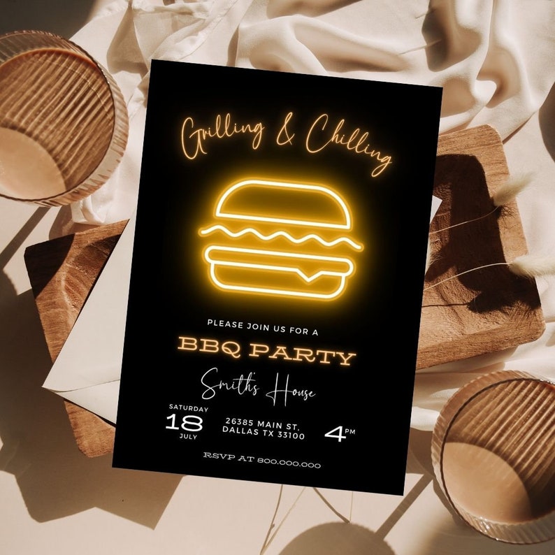 Editable and Printable BBQ Burger Neon Light Invitation - Etsy
