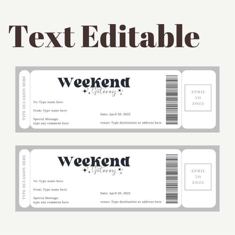 Editable and Printable Weekend Getaway Ticket Template Modern - Etsy