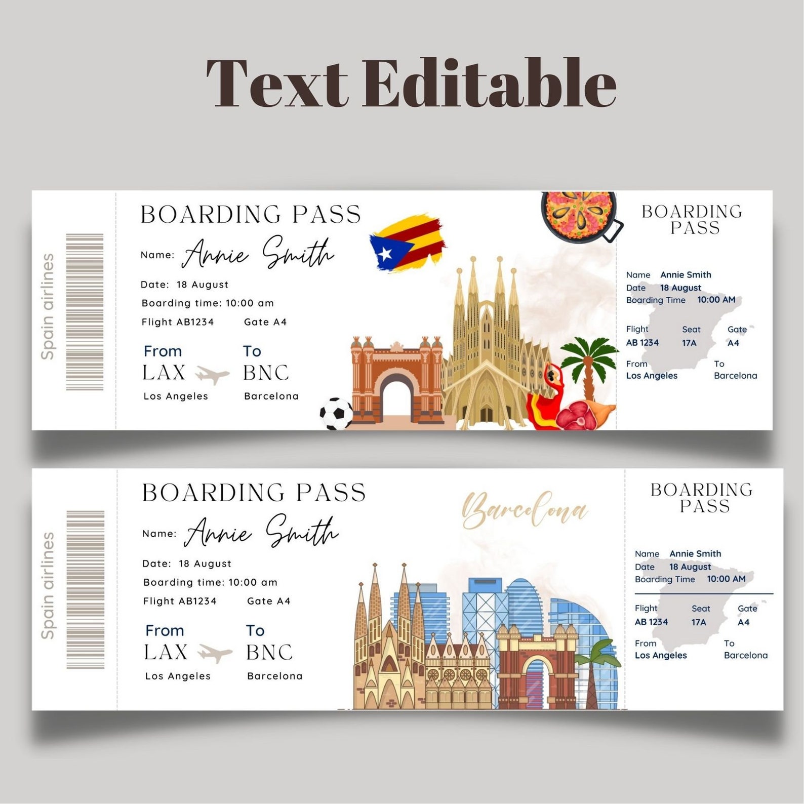 Printable and Editable Barcelona Spain Surprise Boarding Pass Ticket ...
