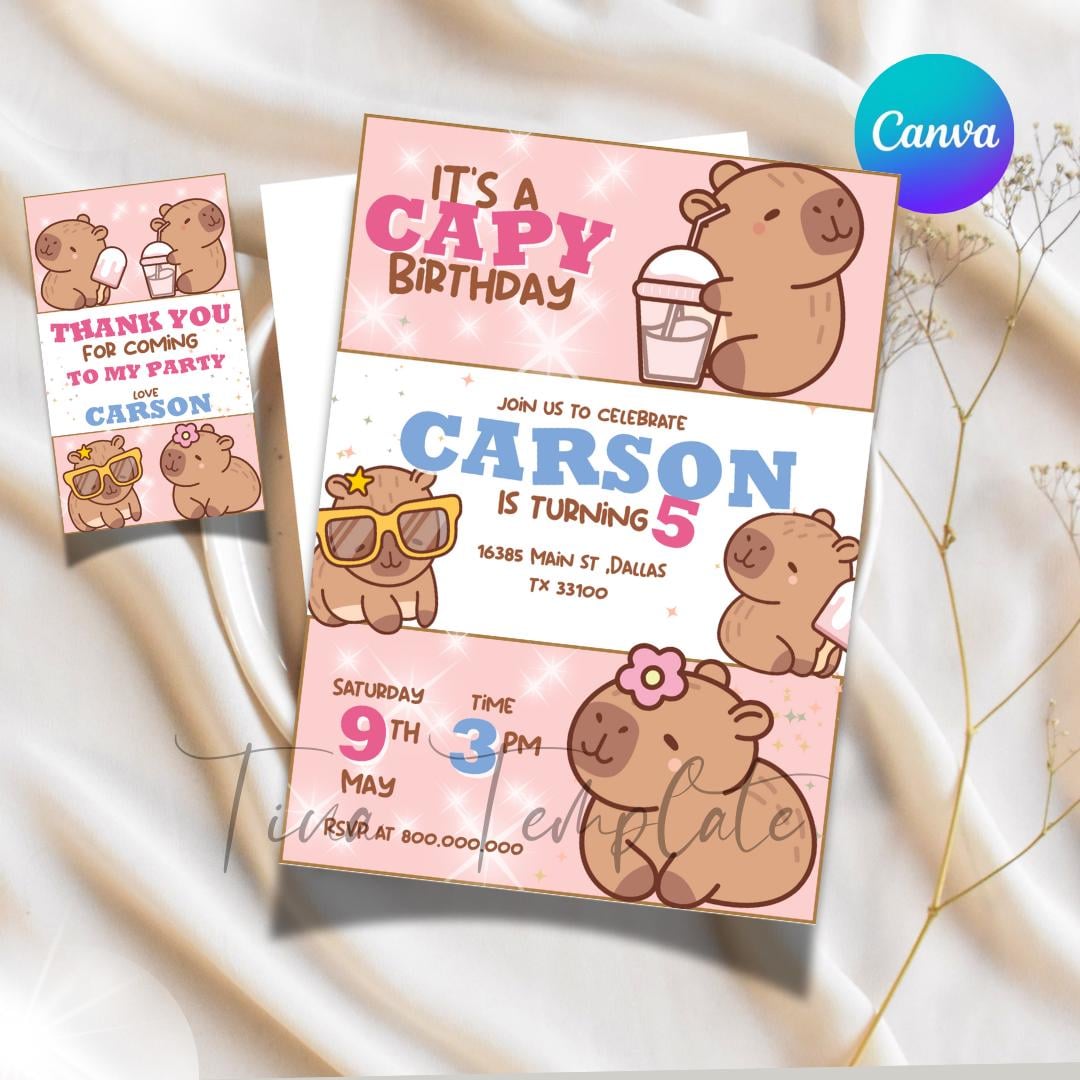 Editable Capybara Birthday Party Invitation Template, Cute Capybara ...