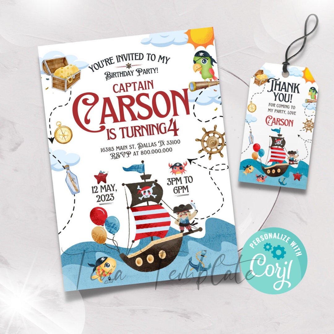 Editable and Printable Pirate Birthday Invitation Template, Pirate ...