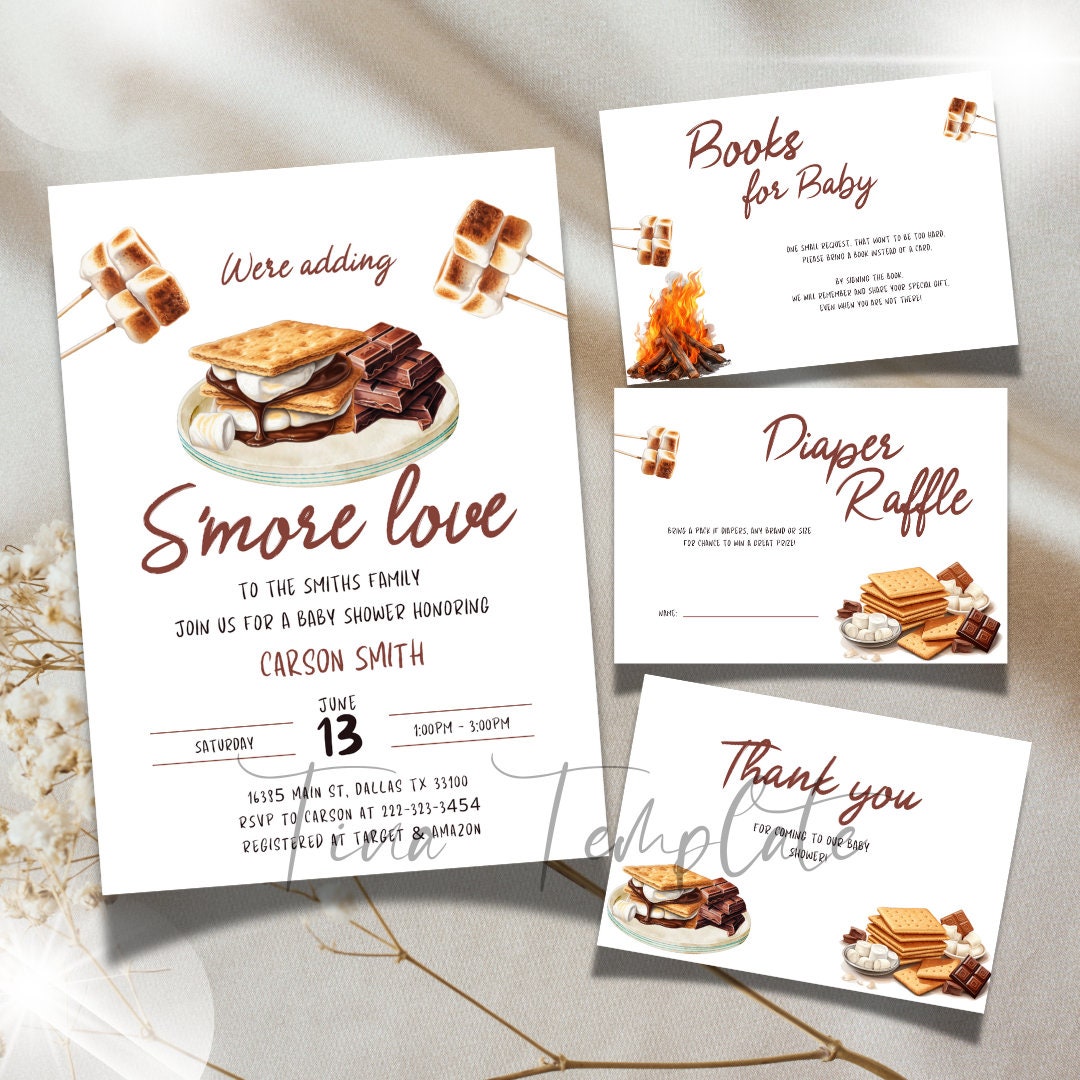 Editable S'more Love Baby Shower Bundle Invitation Template, Watercolor ...