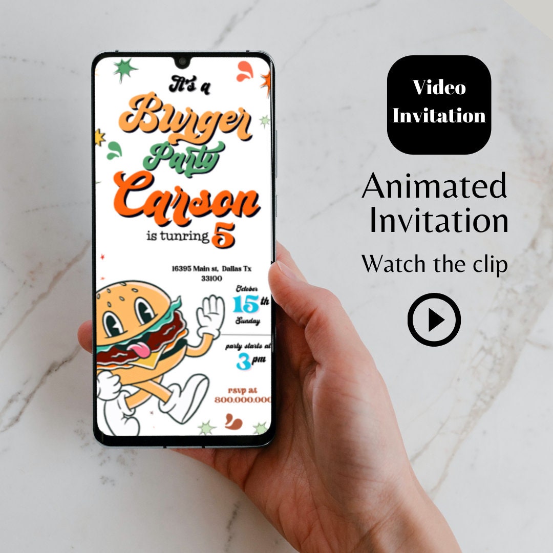Editable Burger Party Video Invitation Template, Retro Burger BBQ Party ...