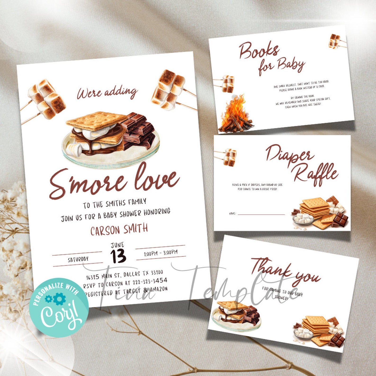 Editable S'more Love Baby Shower Bundle Invitation Template, Watercolor ...