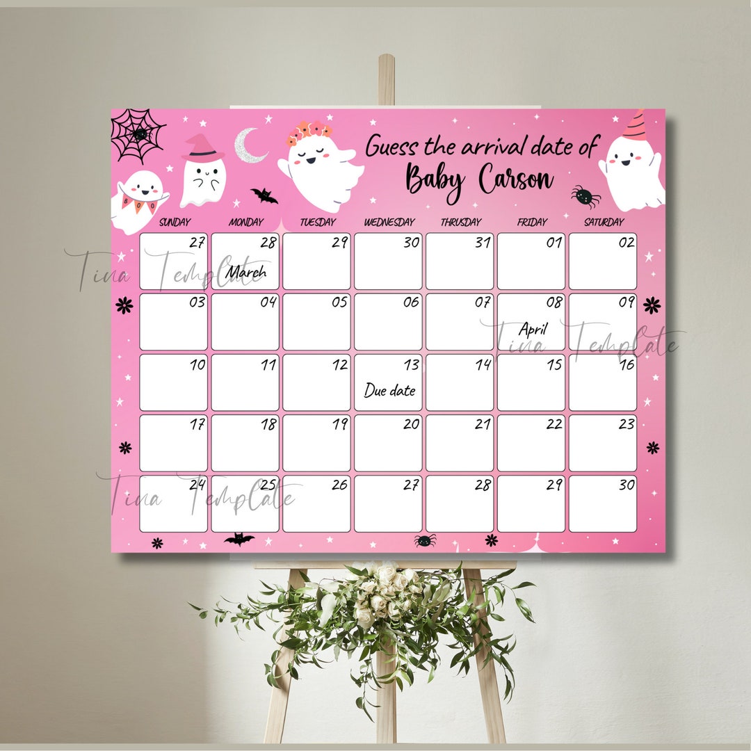 Editable A Little Boo Pink Baby Shower Due Date Calendar, Cute Pink ...