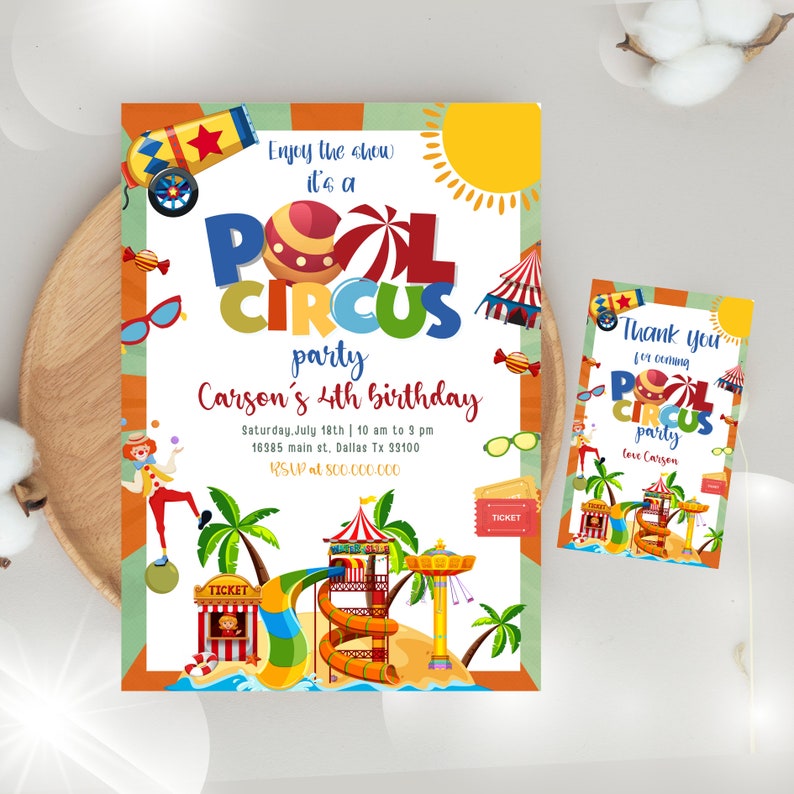 Editable and Printable Circus Pool Party Invitation Template, Circus ...