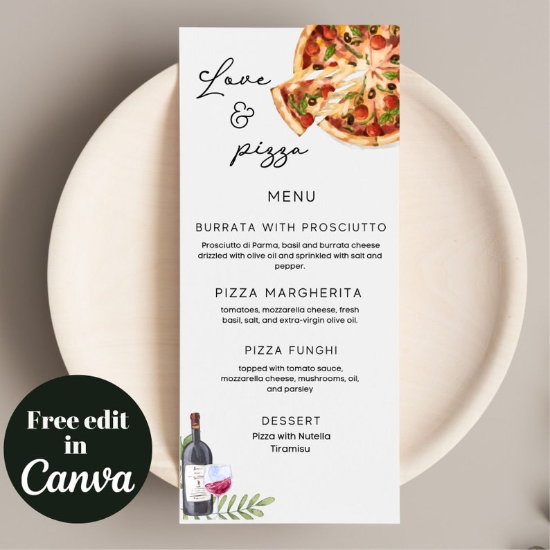 Editable and Printable Love and Pizza Minimalist Menu, Elegant Pizza ...