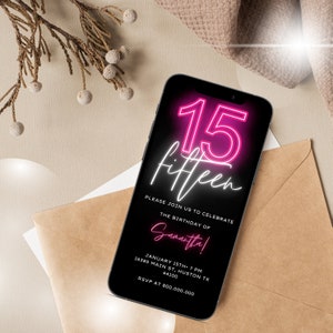 Editable 15th Neon Light Video Birthday Invitation Template, Pink Neon ...