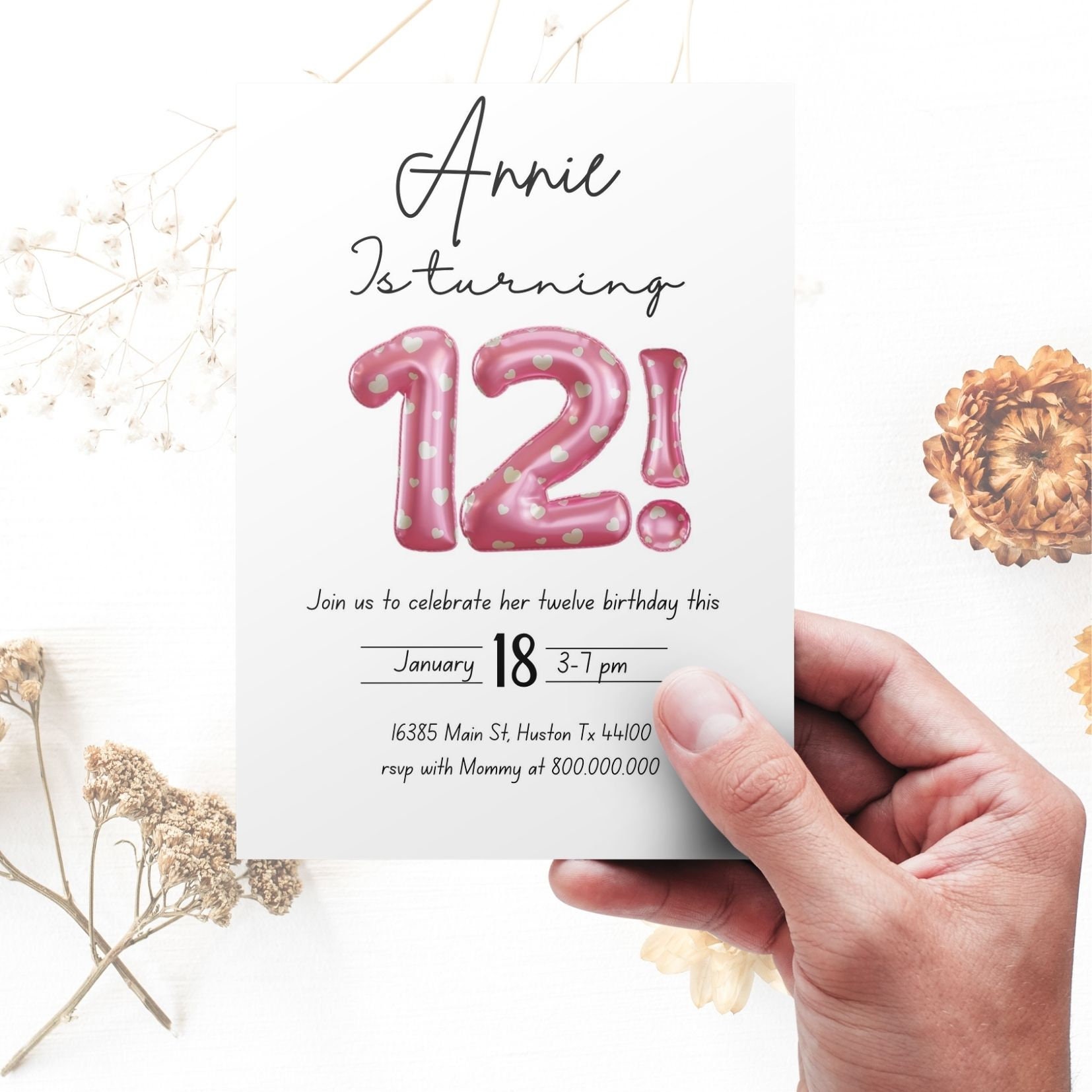 Editable Twelve Balloons Heart Birthday Girl Invitation 12th - Etsy