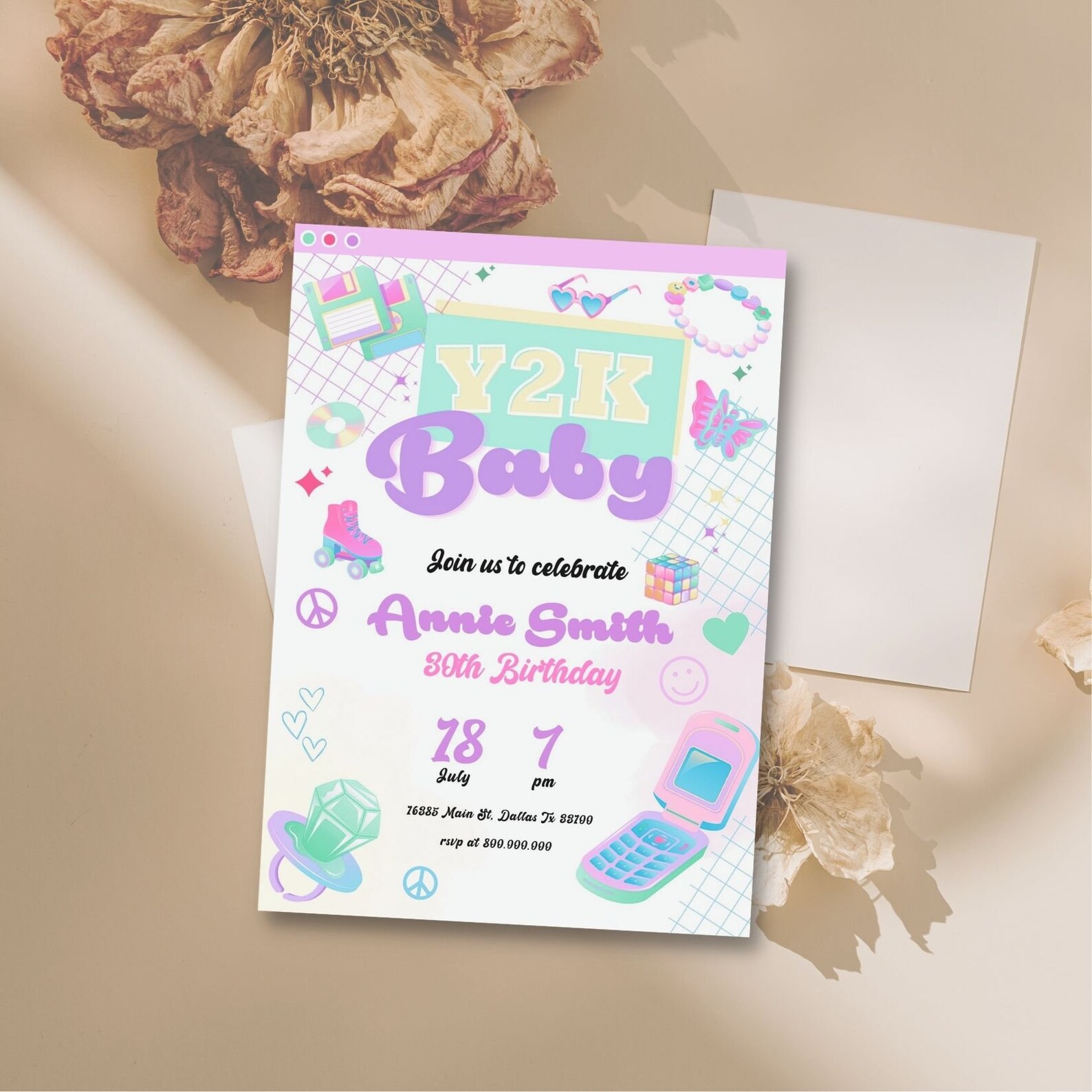 Editable Y2K Retro Theme Women Birthday Party Invitation Template, 90s ...