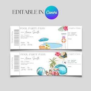 Printable and Editable Pool Party Pass Ticket, Summer Pool Party Ticket ...